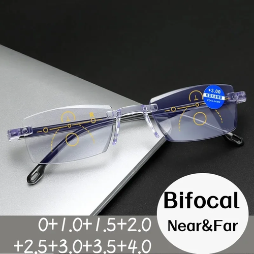Progressive Bifocal Reading Glasses Anti-Blue Diamond Cut Rimless Women ...