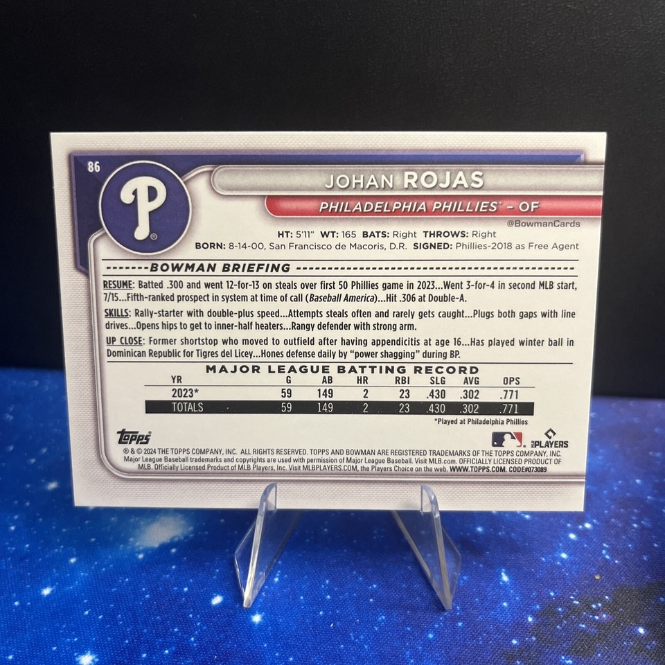 Johan Rojas RC 2024 Bowman Baseball Rookie Card #86 Philadelphia ...