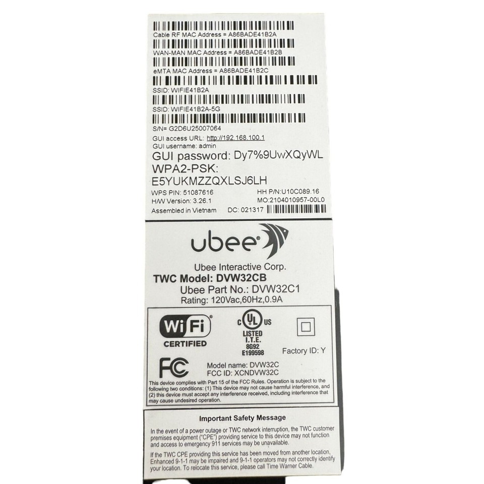 Ubee DVW32CB Advanced Wireless Voice Gateway Modem and Router WiFi ...
