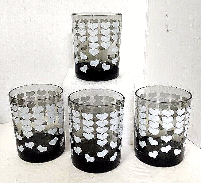 M W Periscope Smoky Glass w White Hearts Low Ball Whiskey Old Fashioned ...