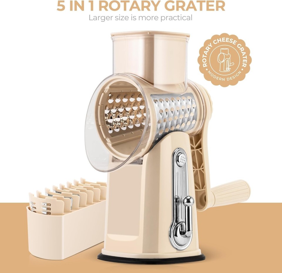 Rotary Cheese Grater w/Handle &5 Blades, Round Slicer & Vegetable ...