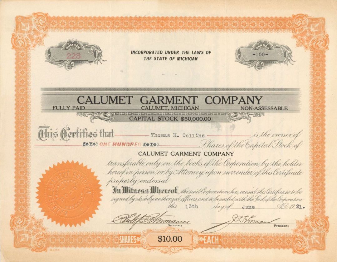 Calumet Garment Co. - 1921 dated Stock Certificate - General Stocks | eBay