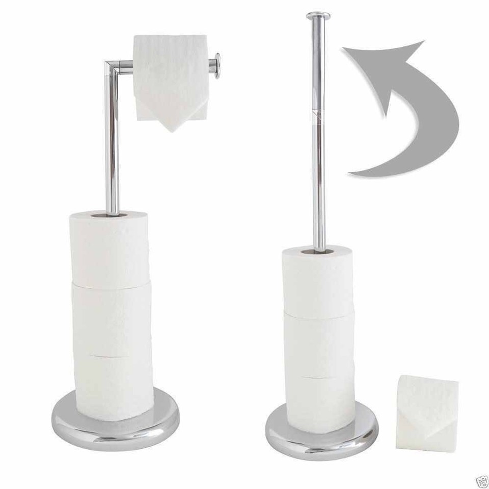 SWIVEL FREE STANDING TOILET LOO ROLL HOLDER CHROME HOLDS EXTRA ROLLS ...
