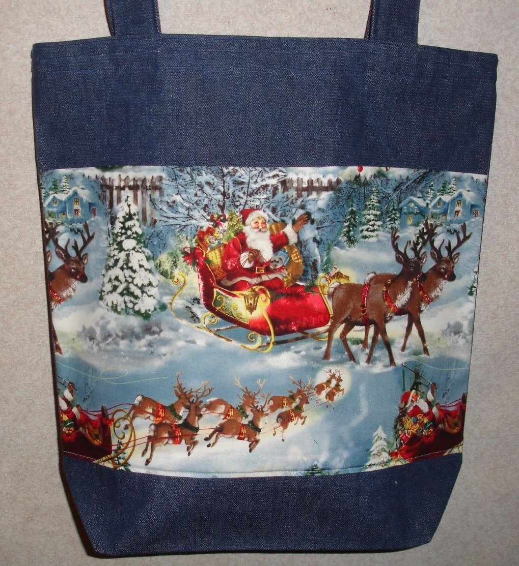 NEW Handmade Large Santa Claus Reindeer Christmas Eve Sleigh Denim Tote ...