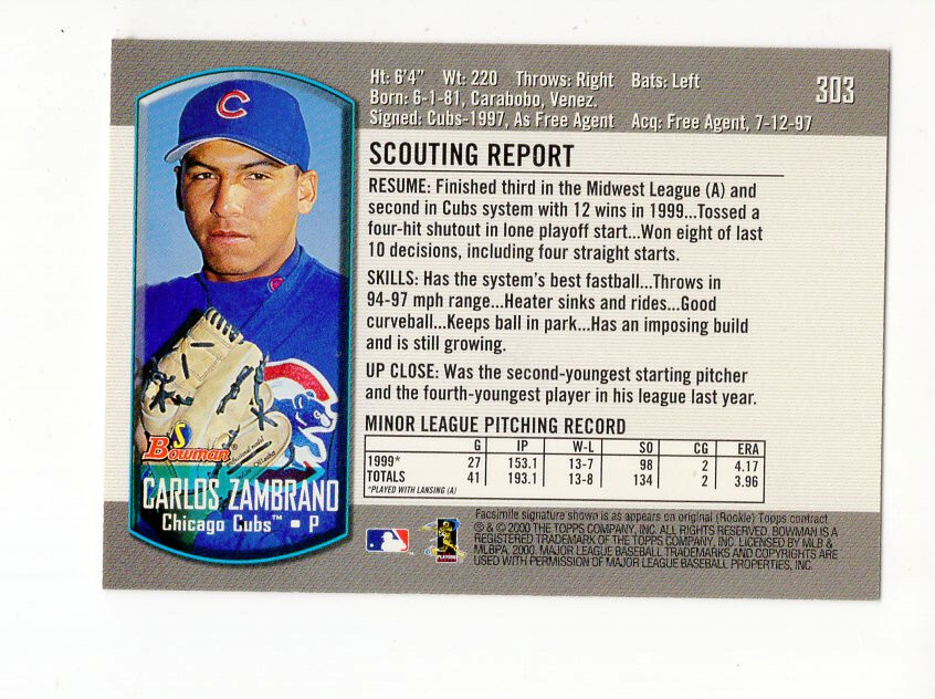 2000 Bowman Carlos Zambrano (RC) #303 Chicago Cubs Free Shipping | eBay