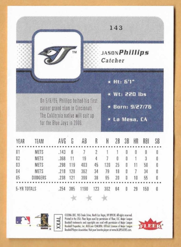 JASON PHILLIPS TORONTO BLUE JAYS #143 - FLEER NM-MT 2006 | eBay