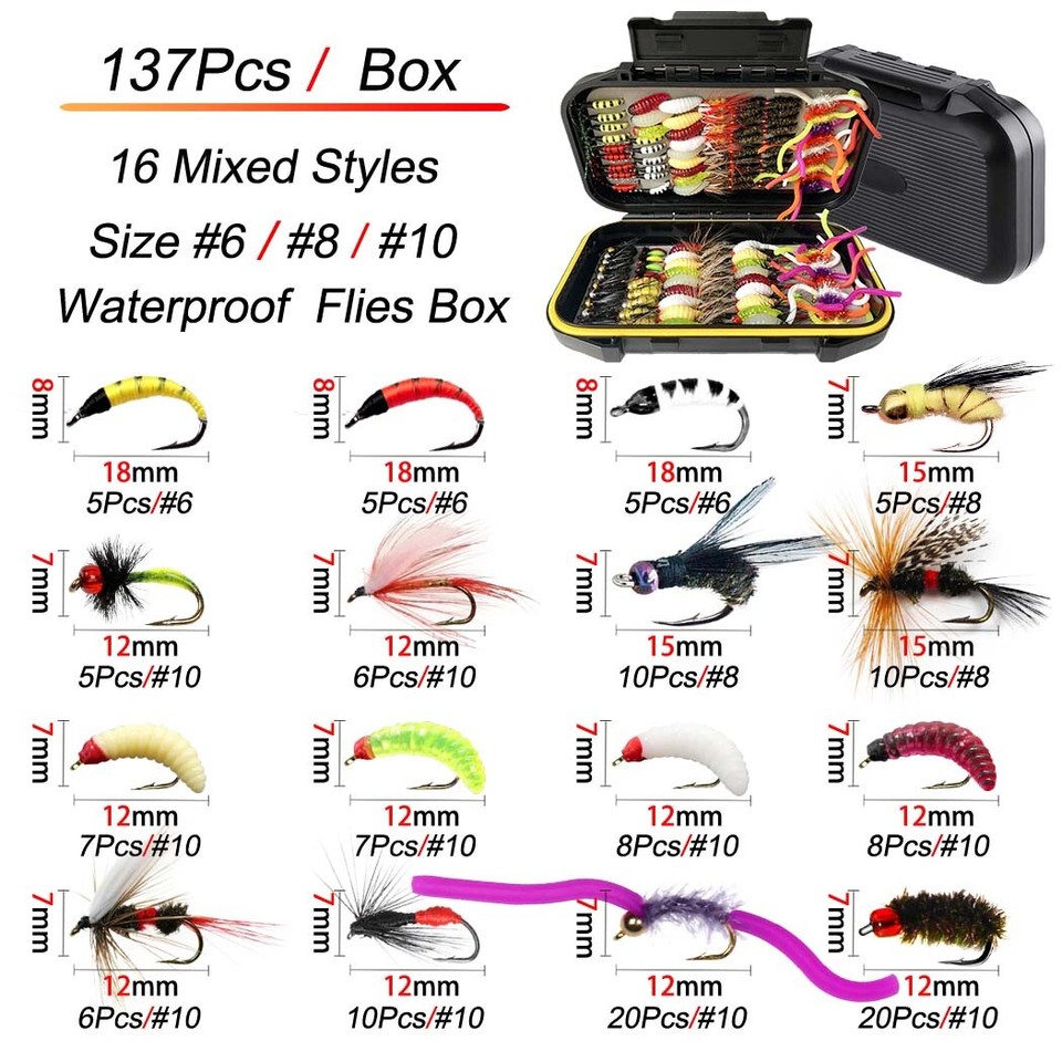 Fly Fishing Flies Kit Fly Lures Bass Salmon Trouts Flies Dry/Wet ...