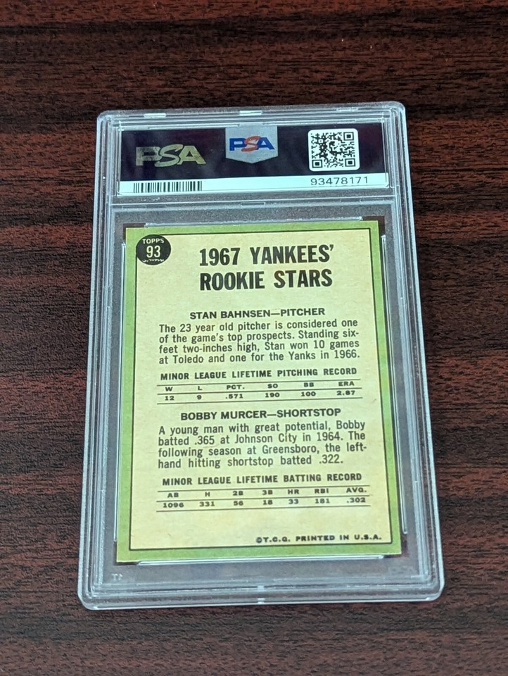 1967 Topps Baseball 93 Yankees Rookie Stars Bahnsen/Murcer PSA 9 Mint ...