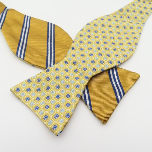 Brooks Brothers Bow Tie Yellow Blue 2.25" Wide Self Tie Silk USA Double ...