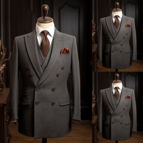 Dark Gray Men's Suits Double Breasted Peak Lapel Tuxedos Business ...