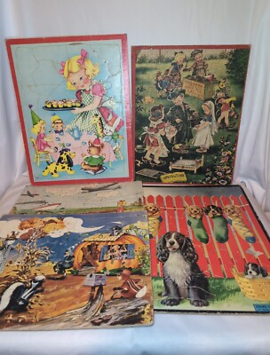 5 VTG Frame Tray Jigsaw Puzzles Kids Children Playing Animals Dog Cat ...