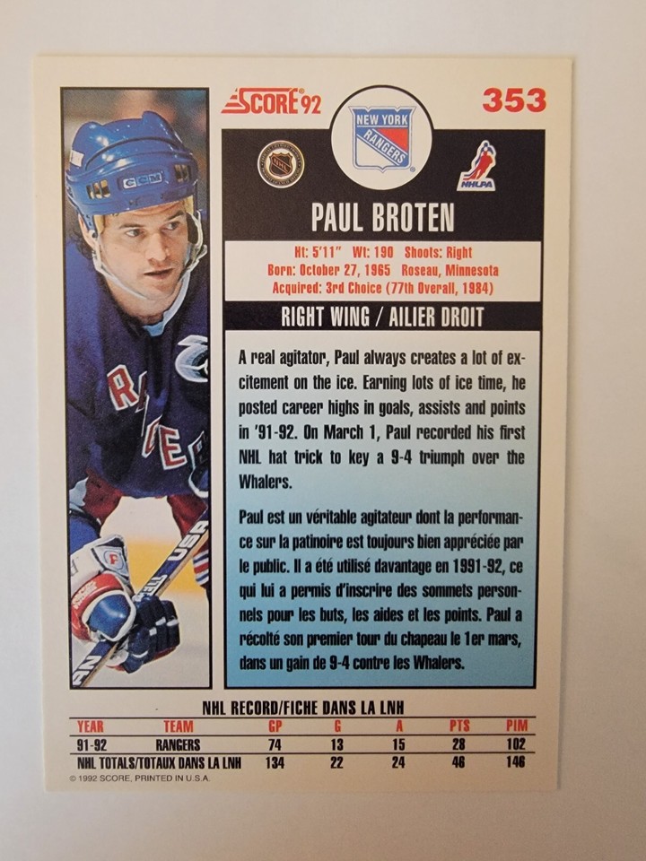 1992-93 Score Canadian Hockey Card #353 Paul Broten New York Rangers | eBay