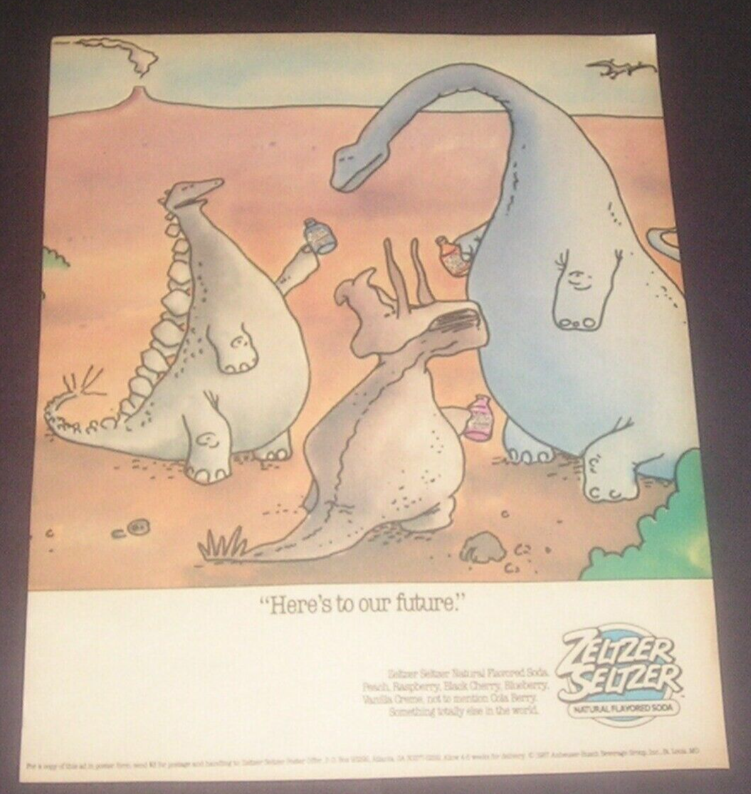 1987 Zeltzer Seltzer Natural Flavored Soda Print Ad - 3 Dinosaurs Share ...