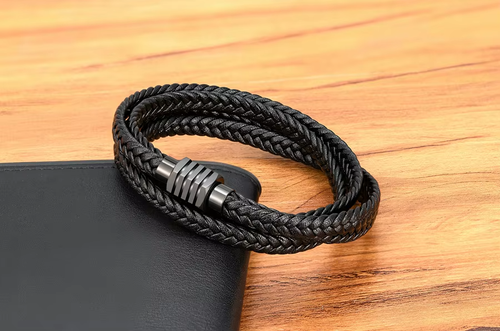 Men's Braided Leather Bracelet Multi-Layer Stainless Steel Clasp Black ...