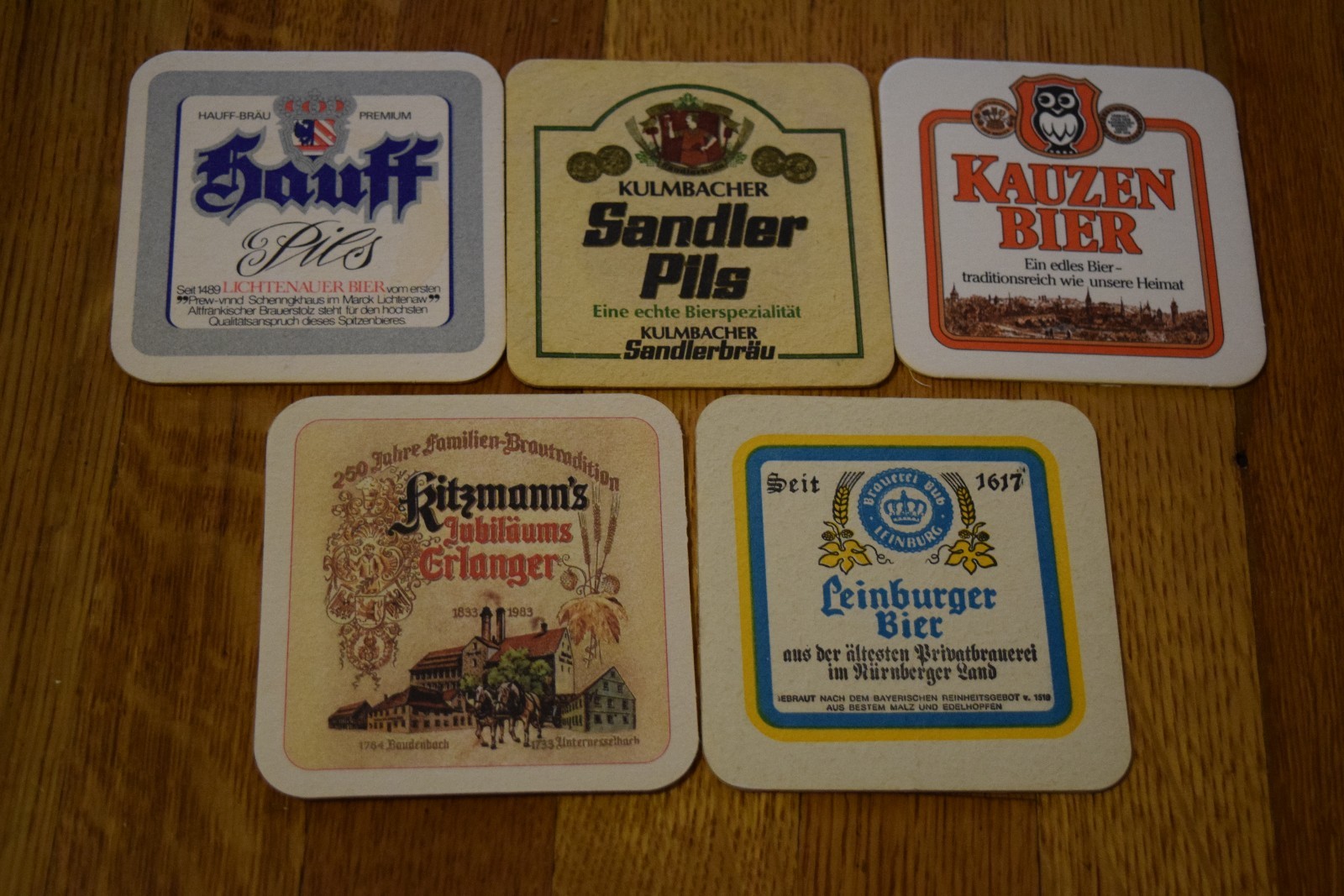 Set of 5 Vintage German Beer Coasters Hauff Brau Leinburger Kauzen Bier ...