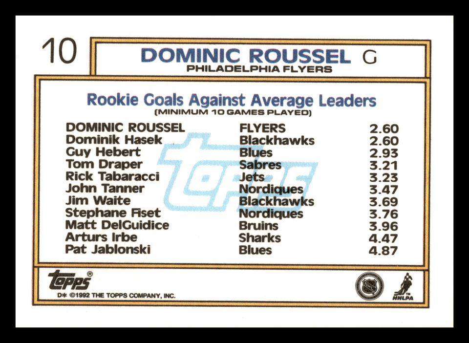 1992 Topps Dominic Roussel Super Rookie Philadelphia Flyers #10 NM-MINT ...