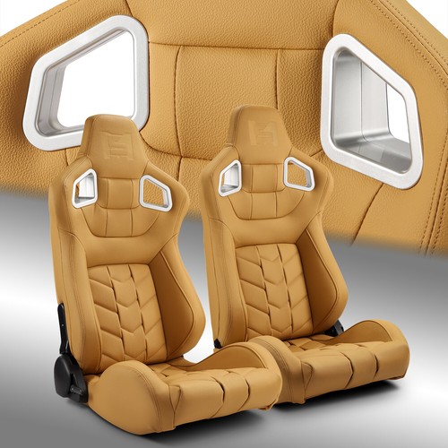 Beige PVC Reclinable Pure Series Sport Racing Seats Pair W/Slider Left ...