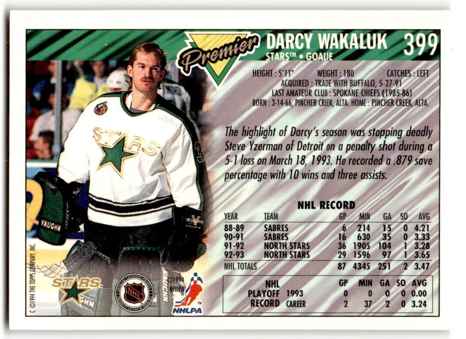 Darcy Wakaluk 1993-94 Topps Premier Gold #399 Dallas Stars | eBay