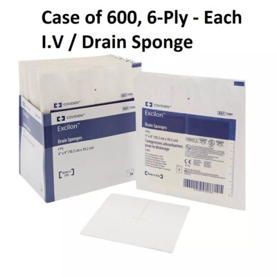600 Ct Excilon I.V / Drain Split Dressing Drain Sponge Sterile 4 x 4" 6 ...