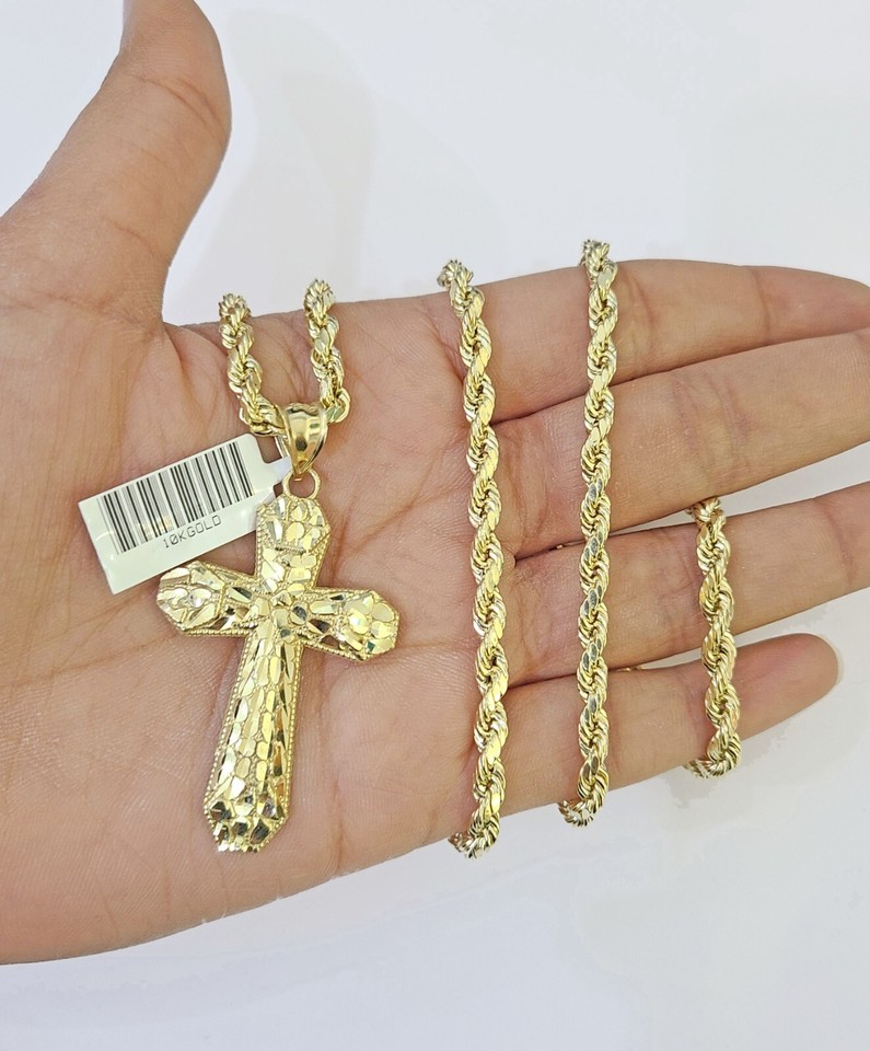 10k Gold Rope Chain & Cross Charm Pendent SET 4mm 24 Inches Necklace | eBay