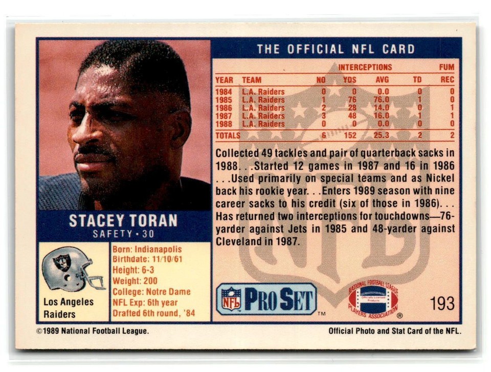 1989 Pro Set FOOTBALL #193a Stacey Toran Los Angeles Raiders | eBay