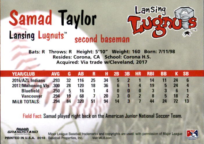 2018 Lansing Lugnuts Grandstand #26 Samad Taylor Corona California ...