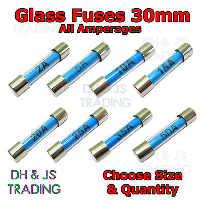 Glass Fuses 30mm Standard Quick Blow Fast Acting 6x30 Amps 2 5 10 15 20 ...