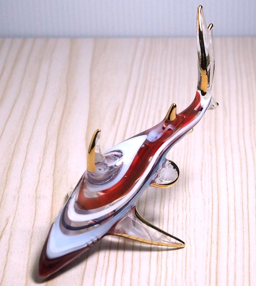 Maroon Blue Shark figurine handmade blown glass art gold trim 4.25 ...