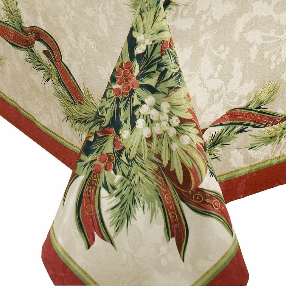 Red Green Ivory Christmas Fabric Tablecloth Poinsettia Holly Xmas ...