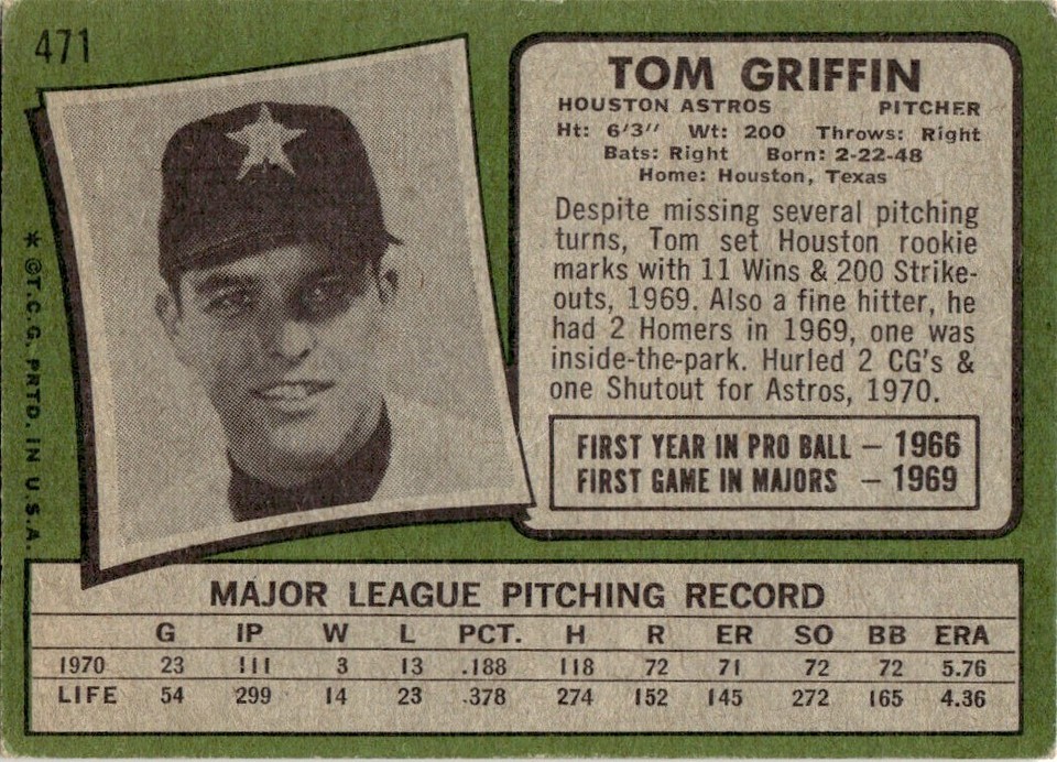 1971 Topps Baseball Tom Griffin Houston Astros #471 EX | eBay