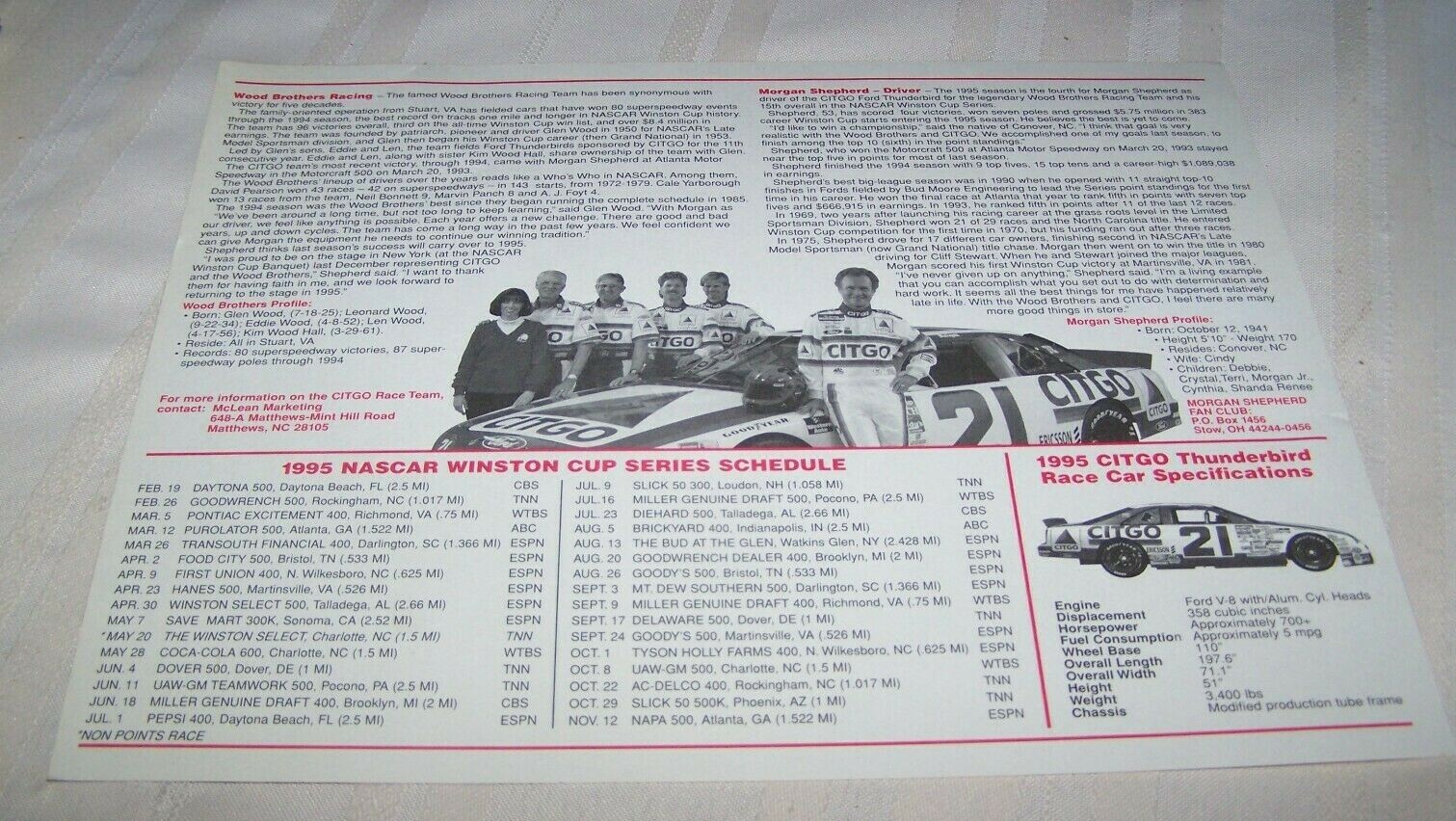 Morgan Shepherd Autograph CITGO #21 Nascar Racing 1995 Postcard Team ...