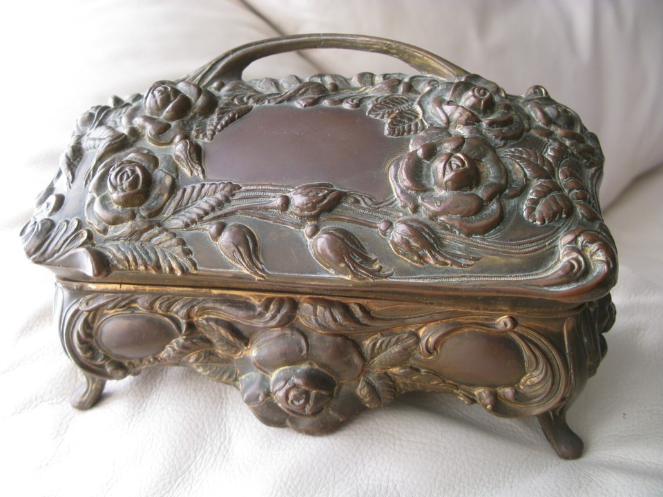 Antique LARGE Gold Metal Floral Jewelry Trinket Dresser Vanity Box Case ...