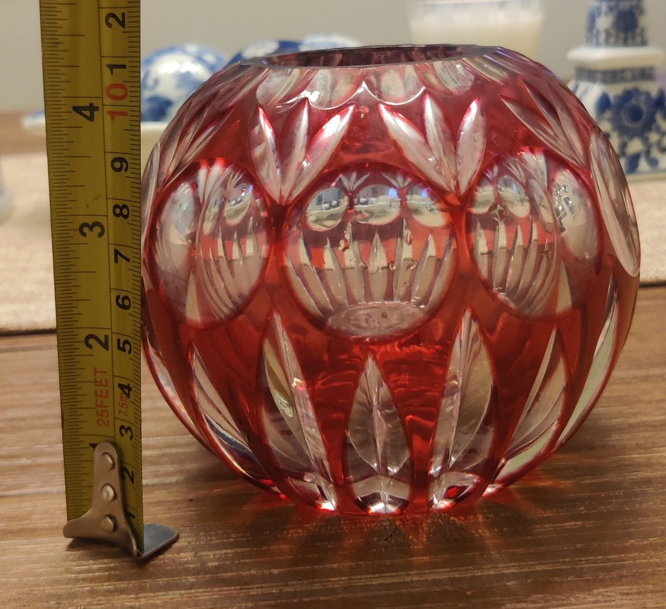 Round Red Crystal Cut To Clear Vase . 4.5" Tall, Very Heavy | eBay
