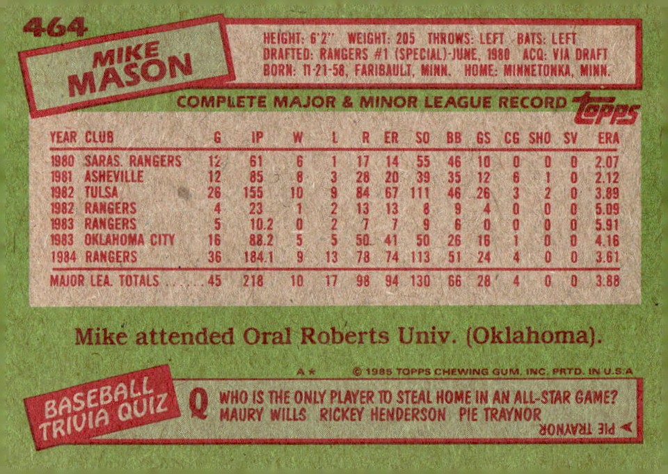 1985 Topps #464 Mike Mason - Texas Rangers | eBay