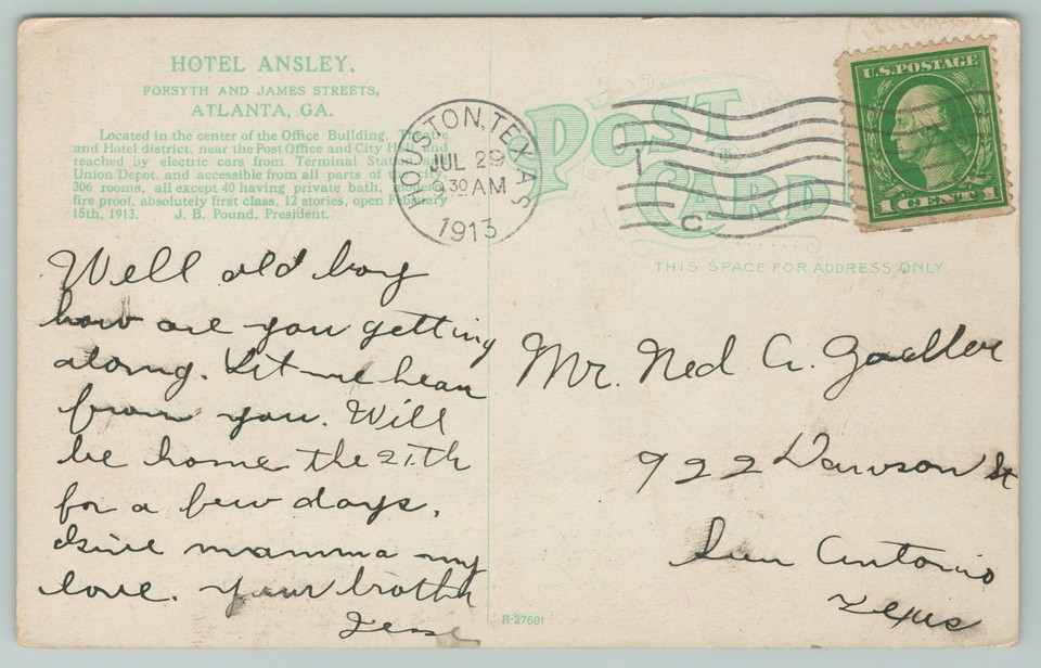 Atlanta GA~Hotel Ansley~Forsyth & James Sts~Opposite Coca Cola Candler ...