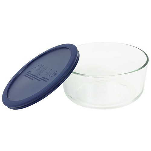 Pyrex 7203 7-Cup Round Glass Food Storage Bowl w/ 7402-PC Dark Blue Lid ...