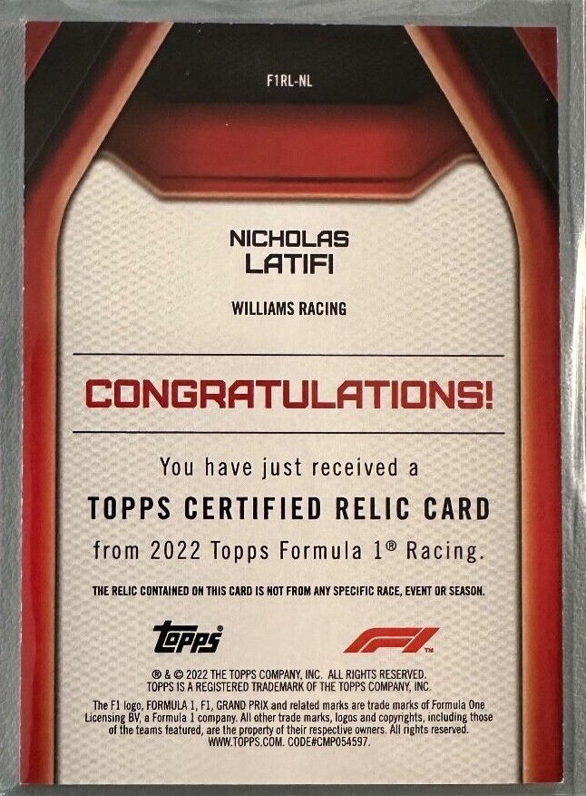 2022 Topps Formula 1 F1 Relic Card #F1RL-NL NICHOLAS LATIFI - Williams ...