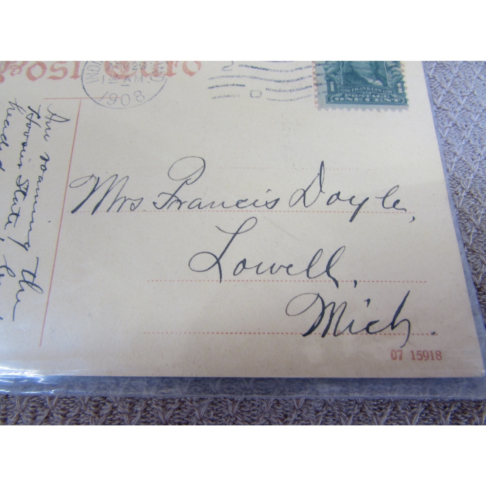 Benjamin Franklin Series 1902 1 Cent Stamp Green Rare on Post Card ...