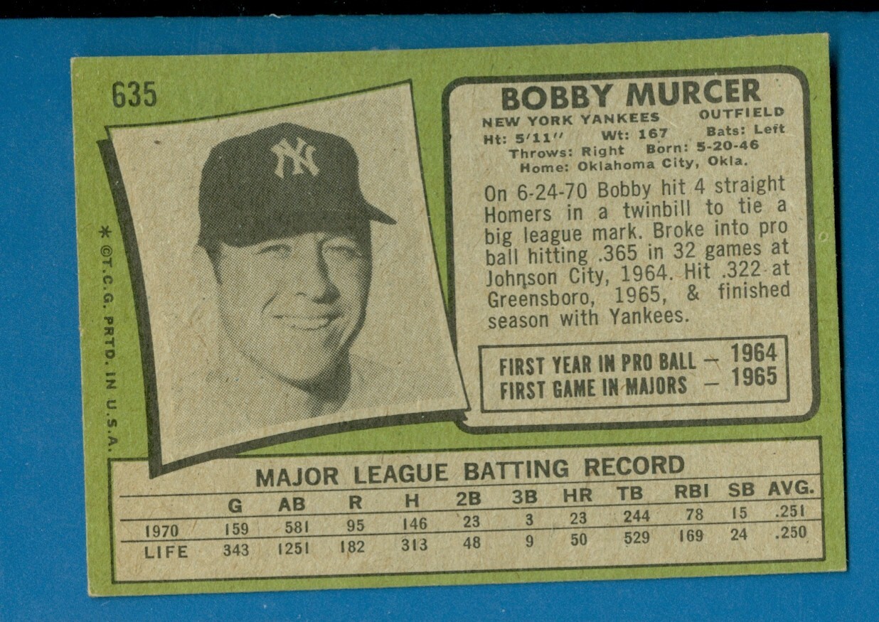 1971 Topps Baseball #635 Bobby Murcer NY Yankees | eBay