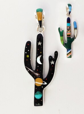 Reversible Multicolor Turquoise Celestial Inlay .925 Silver Cactus ...