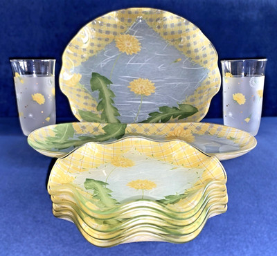 VTG Arcopal Dandelion Yellow Gingham 9-PC Dinnerware Set French Glass ...