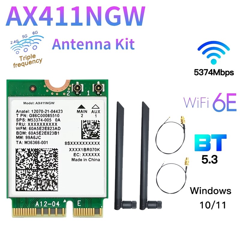 For AX411 WiFi Card+8DB Antenna WiFi 6E CNVio2 BT 5.3 Tri-Band ...
