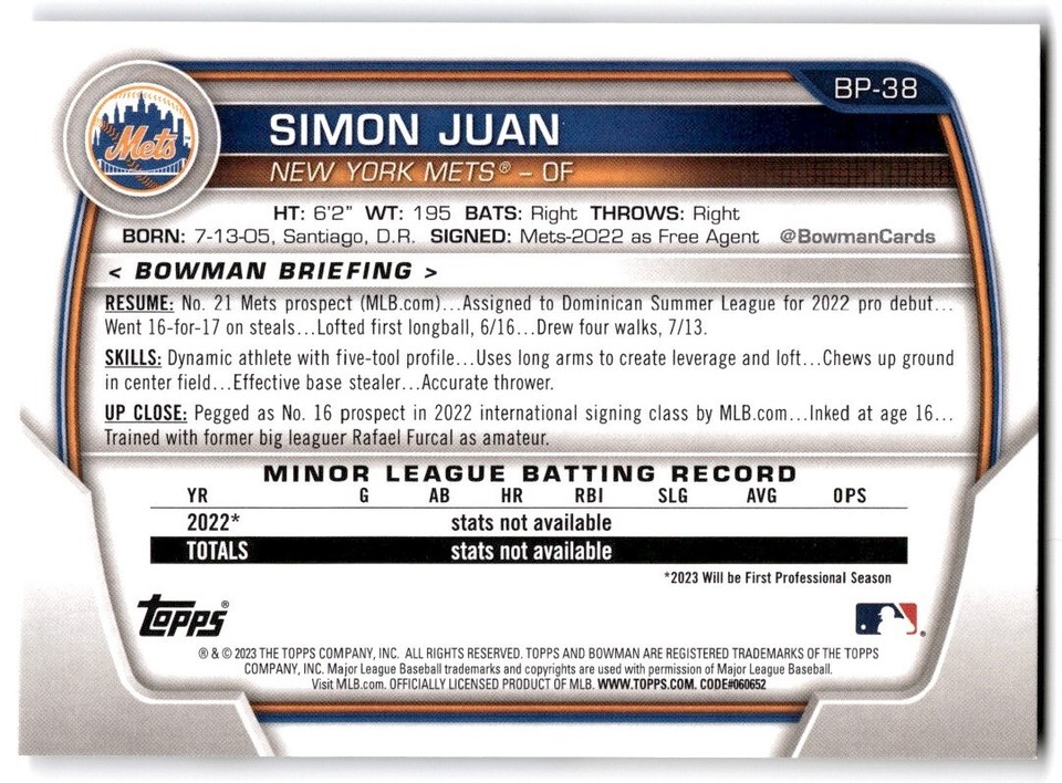 2023 Bowman Prospects Simon Juan New York Mets #BP-38 | eBay
