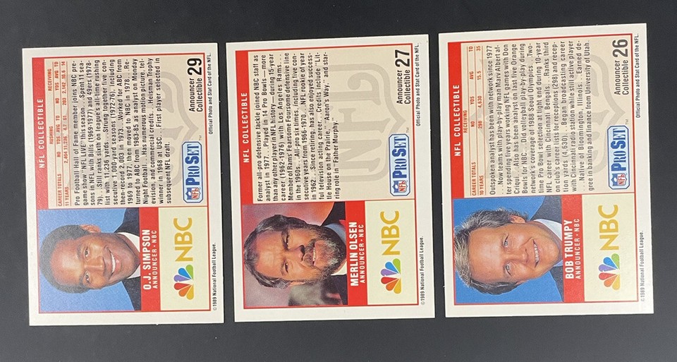 1989 pro set football OJ Simpsom Merlin Olsen Bob Trumpy 26 27 29 Lot ...