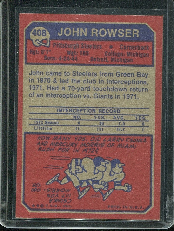 1973 Topps Football # 408 John Rowser (NM-MT) Near Mint to Mint | eBay