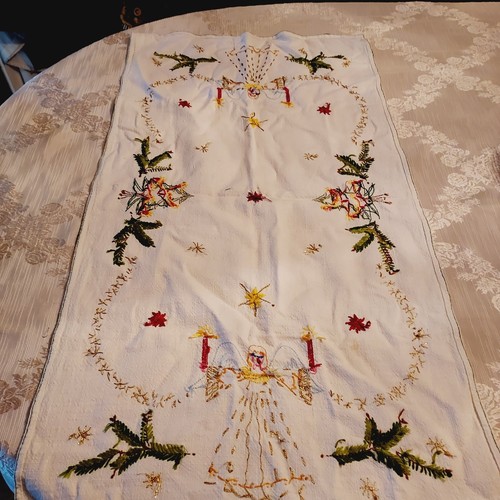 Vintage Victorian Hand Embroidered Table Runner Christmas Angel & Tree ...