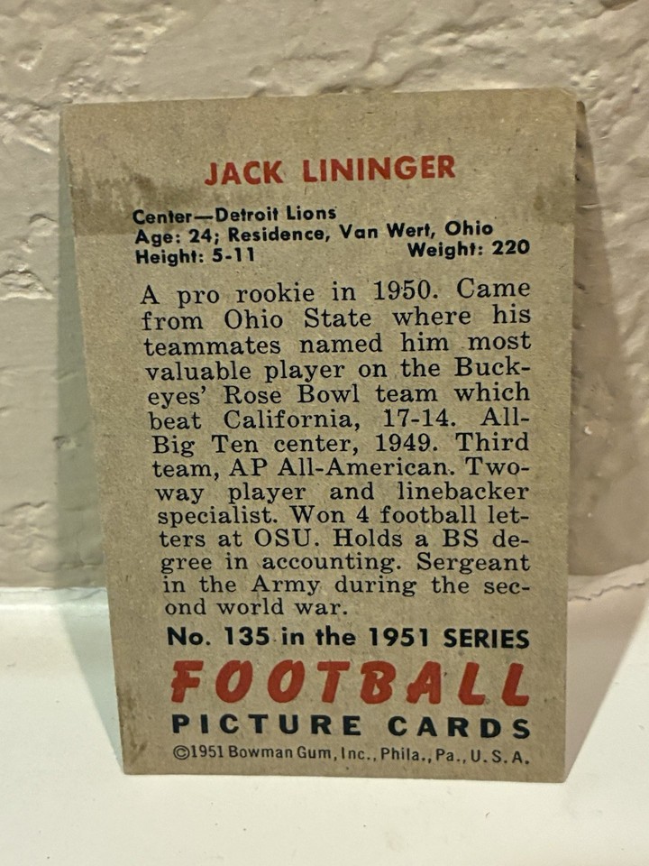 1951 Bowman Jack Lininger #135 Detroit Lions EXMT | eBay