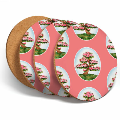 4 Set - Pink Bonsai Blossom Tree Coasters - Kitchen Drinks Coaster Gift ...