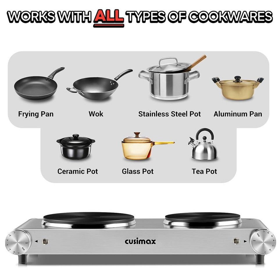 Hot Plates for Cooking, Double Burner CUSIMAX 1800w Double Hot Plate ...