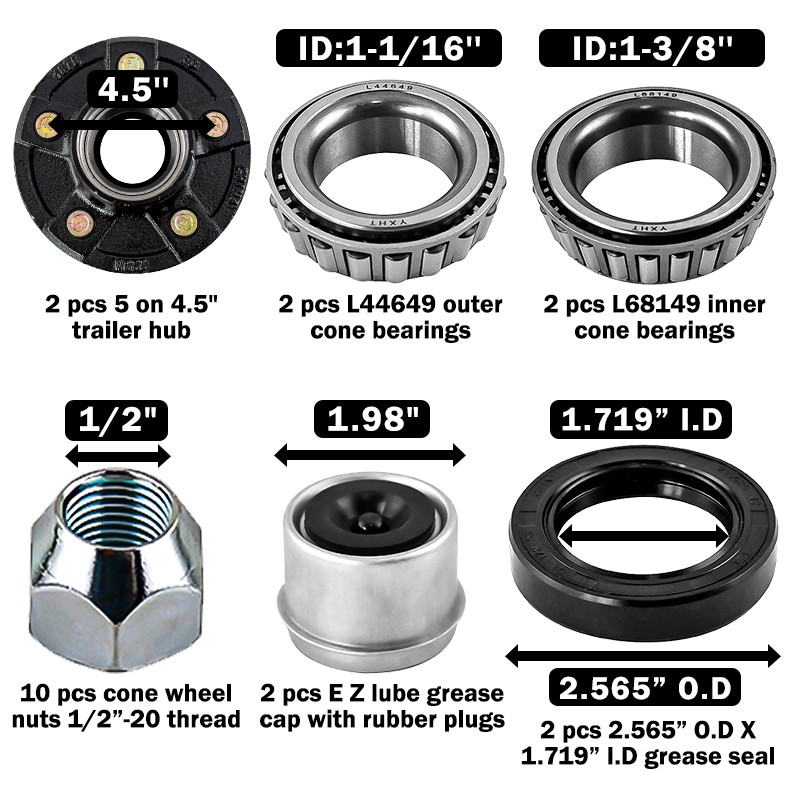 2 Trailer Idler Hub Kits 5 on 4.5 For 3500 lbs Axle 5x4.5 5 Lug Trailer ...